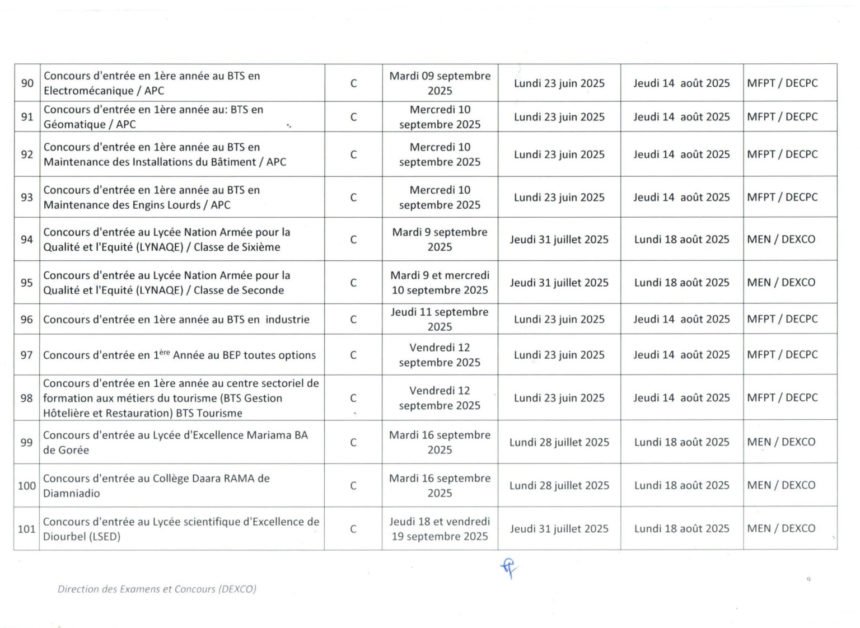 Calendrier Général des Examens et Concours pour l’année 2025 - Education SN