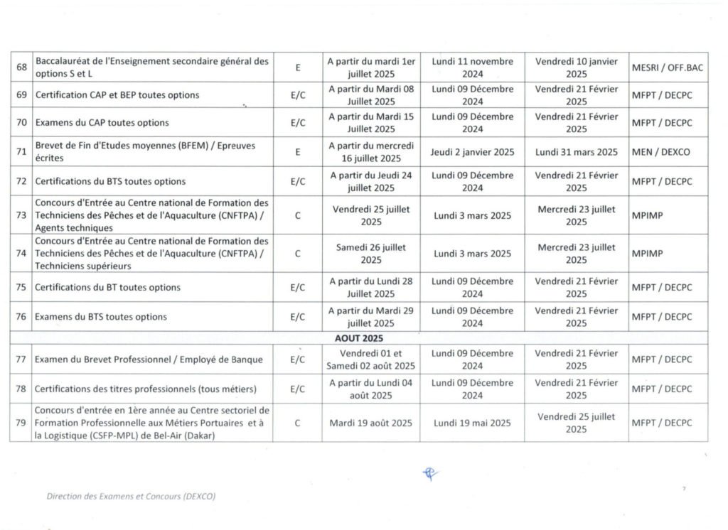 Calendrier Général des Examens et Concours pour l’année 2025 - Education SN
