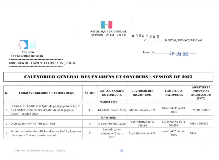 Calendrier Général des Examens et Concours pour l’année 2025 - Education SN