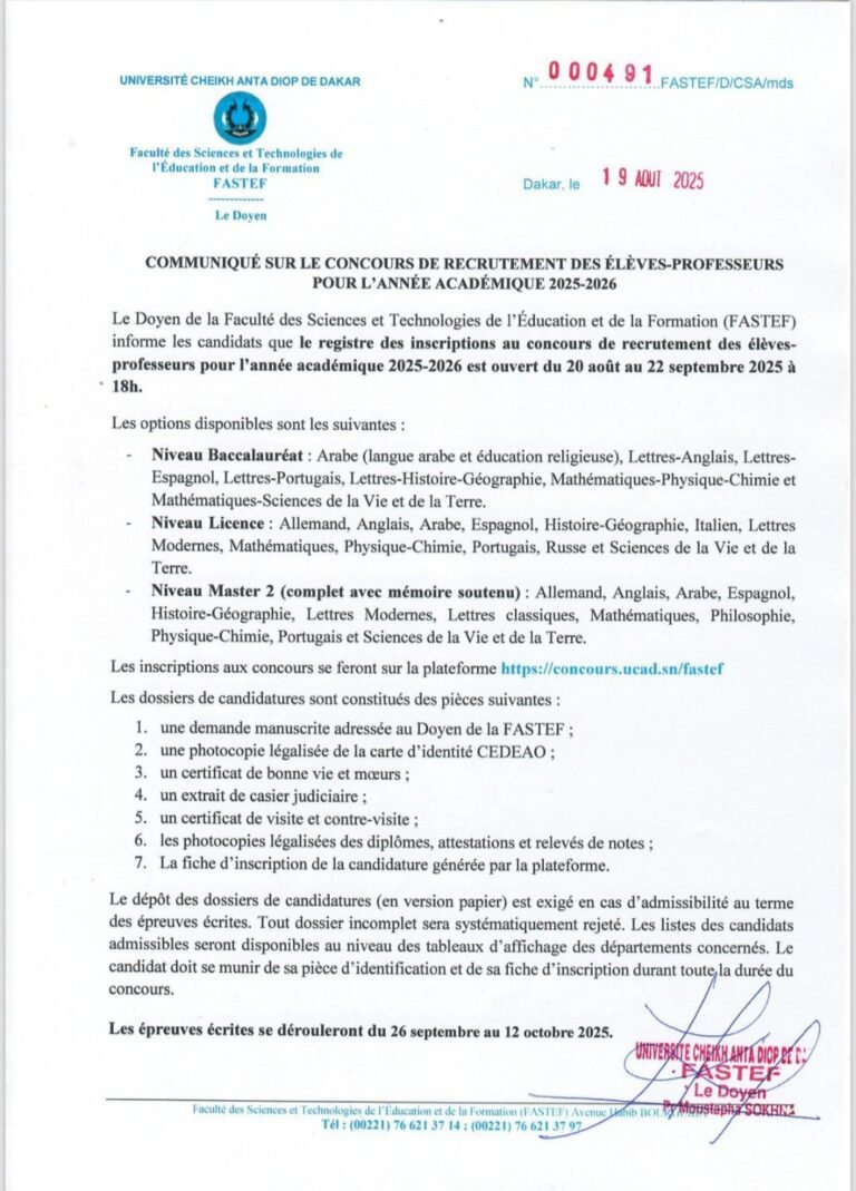 CONCOURS FASTEF 2025 – Inscriptions Ouvertes - Education SN