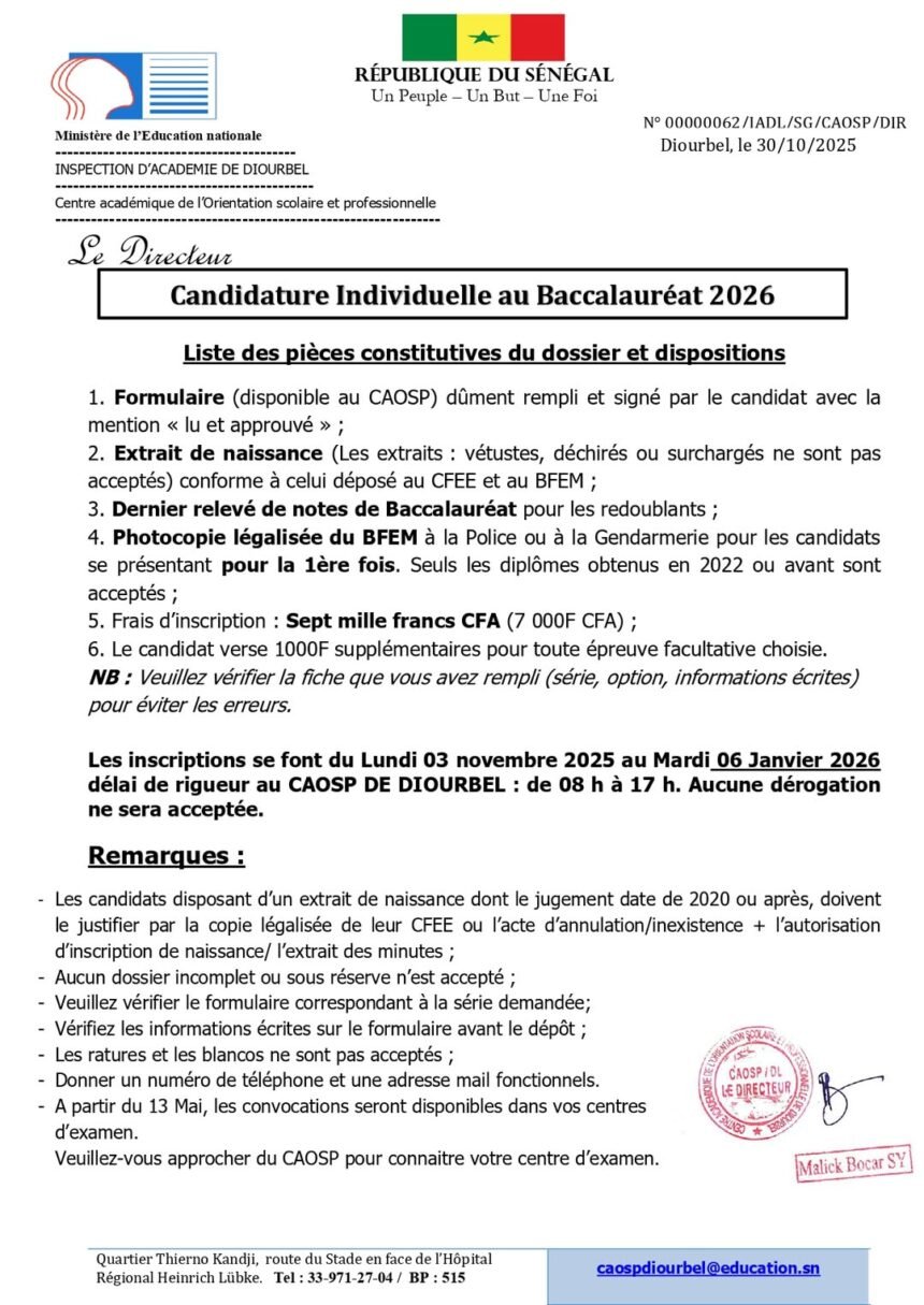 Communiqué : Les dépôts de candidature libre au BAC 2026 sont ouverts - Education SN