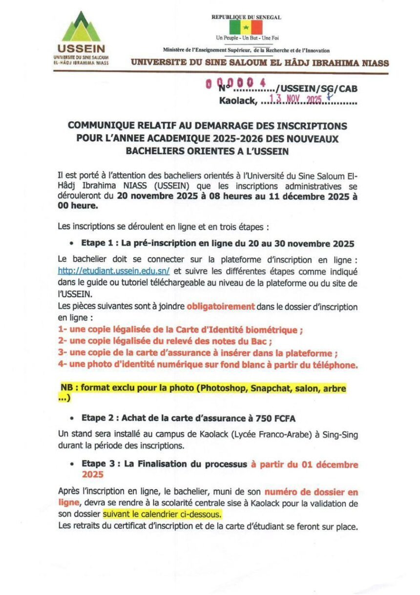 USSEIN : COMMUNIQUÉ RELATIF AU DÉMARRAGE DES INSCRIPTIONS POUR L’ANNÉE ...